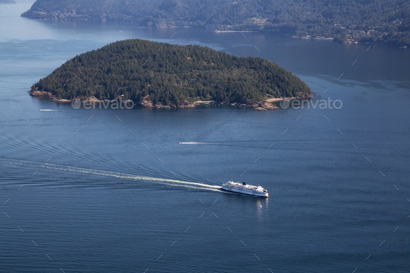Aerial view of a ferry boat traveling in Howe Sound during a sunny ...