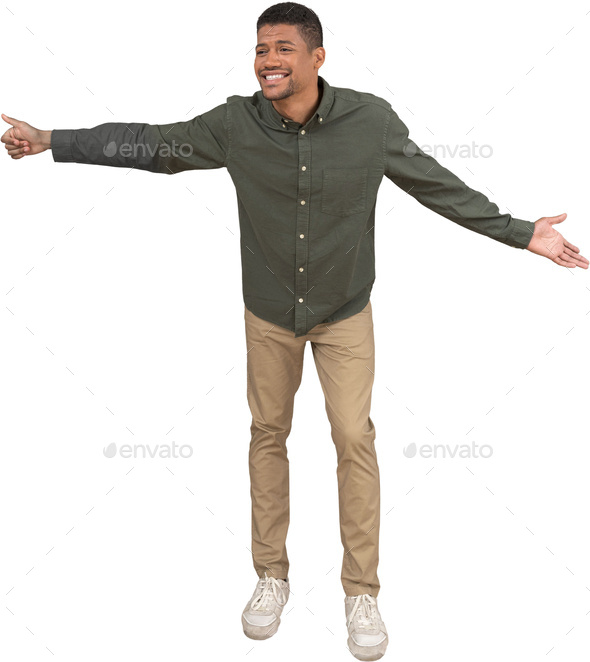 a man standing with his arms outstretched and smiling Stock Photo by Icons8