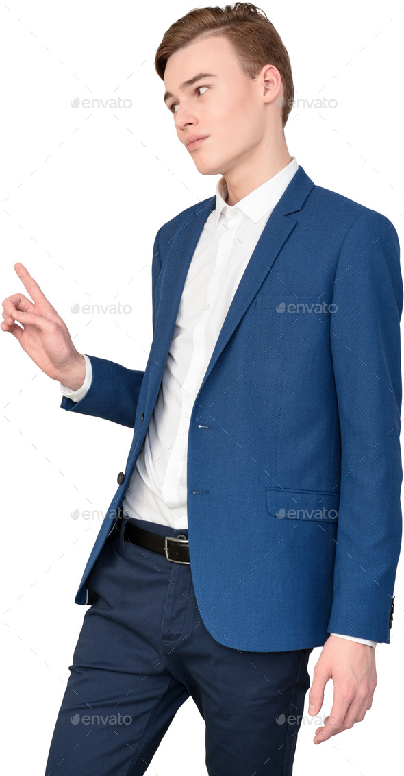 a young man in a blue suit with his hand out Stock Photo by Icons8
