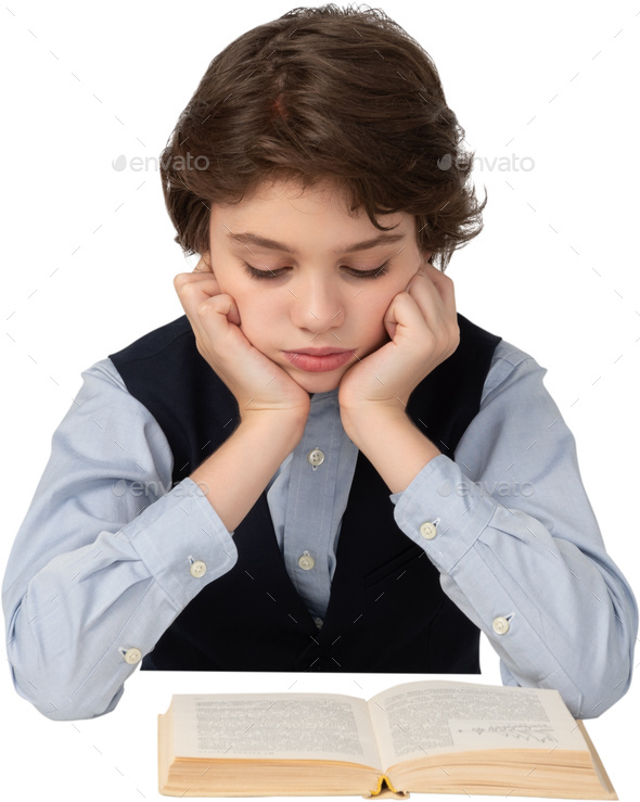 a young boy reading a book with his head in his hands Stock Photo by Icons8
