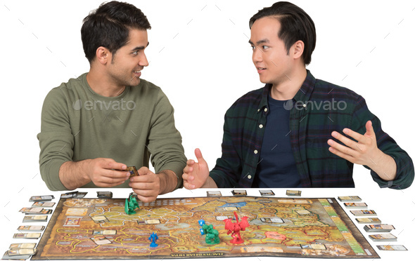 two men sitting at a table playing a game of monopoly Stock Photo by Icons8