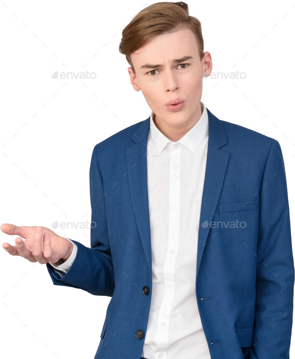 a young man in a blue suit and white shirt holding his hand out with a ...