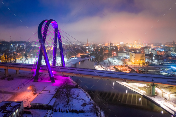 Bridge over Brda river by night. University Route in Bydgoszcz. Stock ...