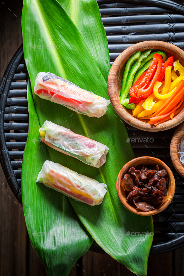 Raw spring rolls with indiegrends. Vietnamese cuisine. Stock Photo by ...