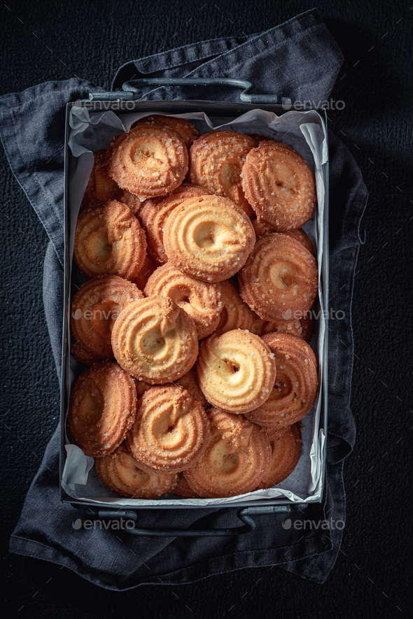 Homemade round butter cookies in an old metal box Stock Photo by Shaiith