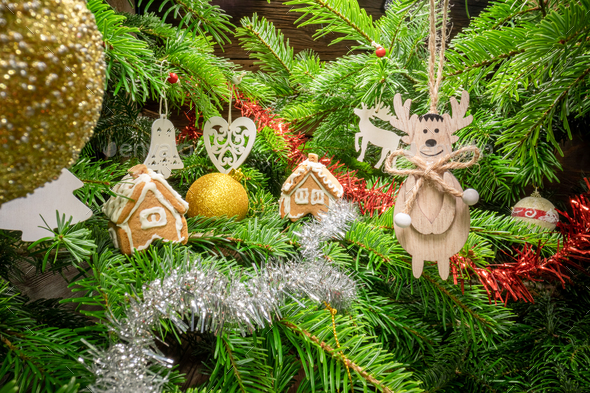 Decorated Christmas tree view from inside. Christmas background. Stock ...