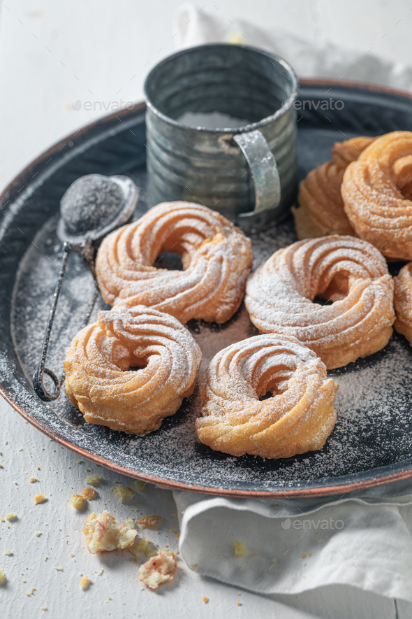Homemade spanish donuts with powdered sugar. Traditional spanish ...