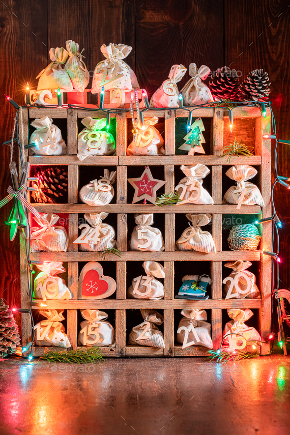 Unique Advent Calendar for Christmas made of bags and string Stock ...