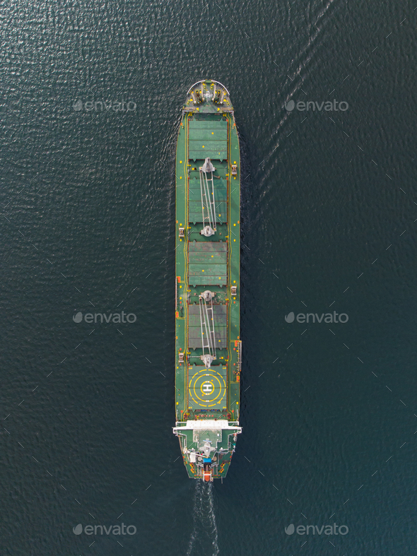 Large general cargo ship tanker bulk carrier, Top down aerial view ...