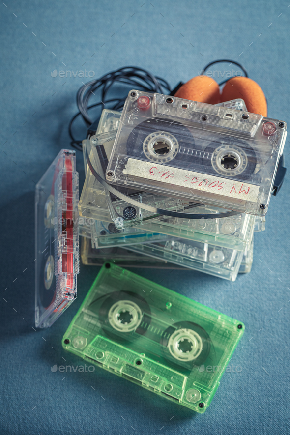 Retro stack of audio cassettes as symbol of 90's music. Stock Photo by ...