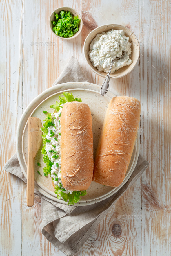 Spring sandwich with crunchy bread, fromage cheese and chive Stock ...
