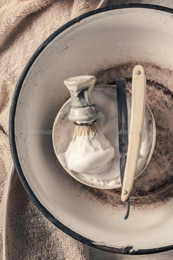 Antique shave tools with brush, razor, soap Stock Photo by Shaiith