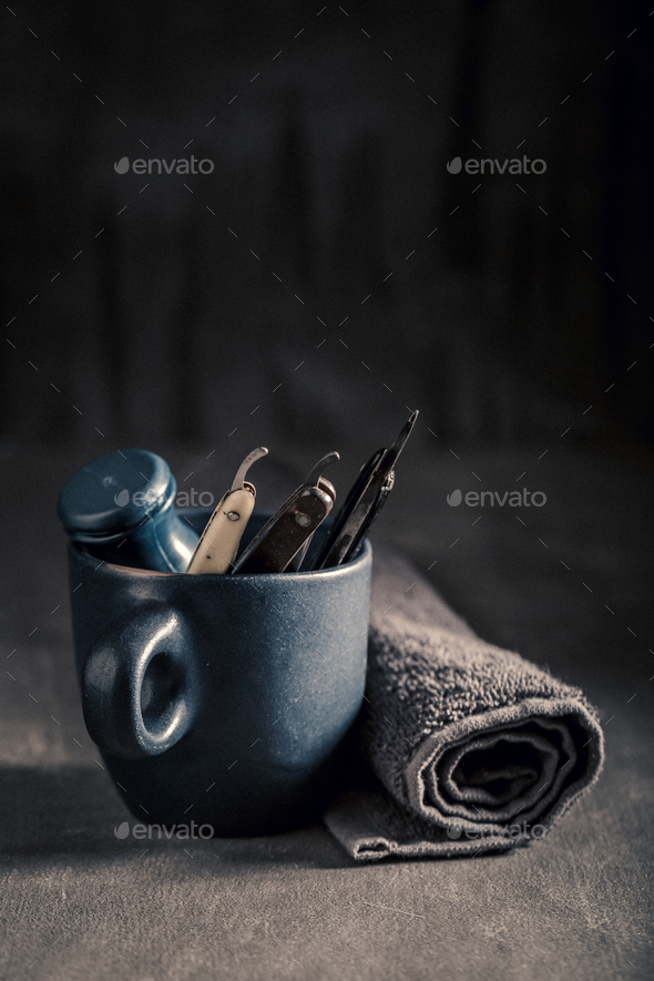Unique tools for barber with foam, razor and brush Stock Photo by Shaiith