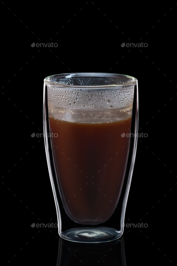 Double-walled glass with coffee isolated on black. Photo with clipping ...