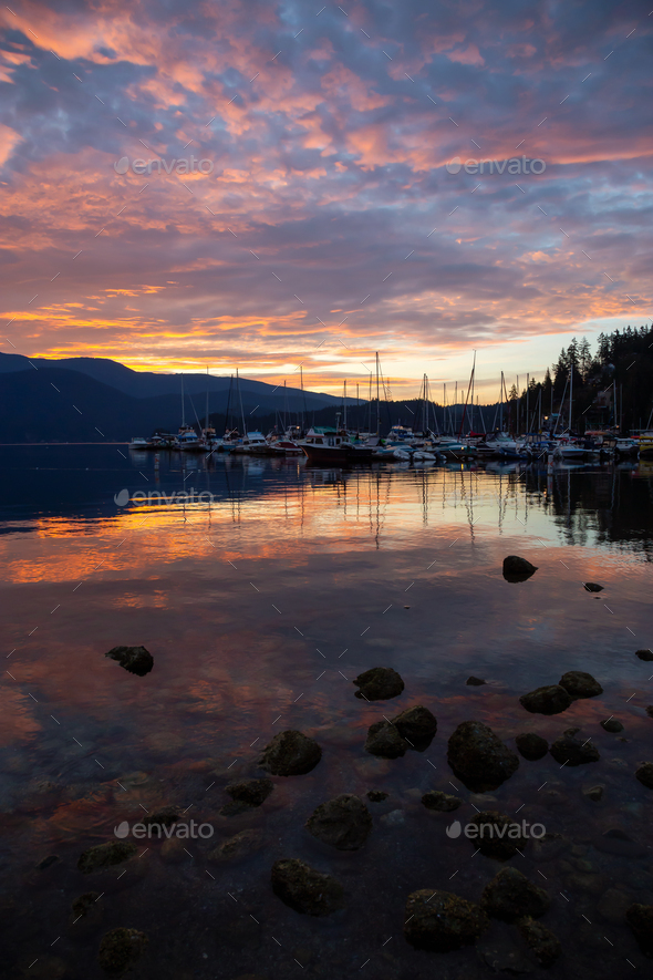 Deep Cove during a colorful summer sunrise. Nature Background Stock ...