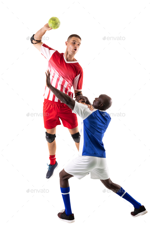 Young multiracial male athletes playing handball against white ...