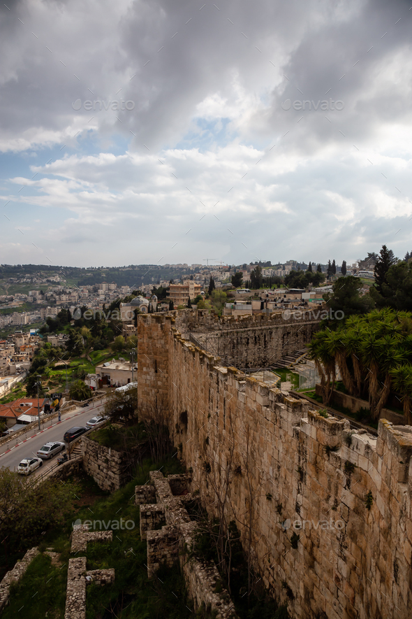 Walls of Jerusalem surrounding the Old City Stock Photo by edb3_16
