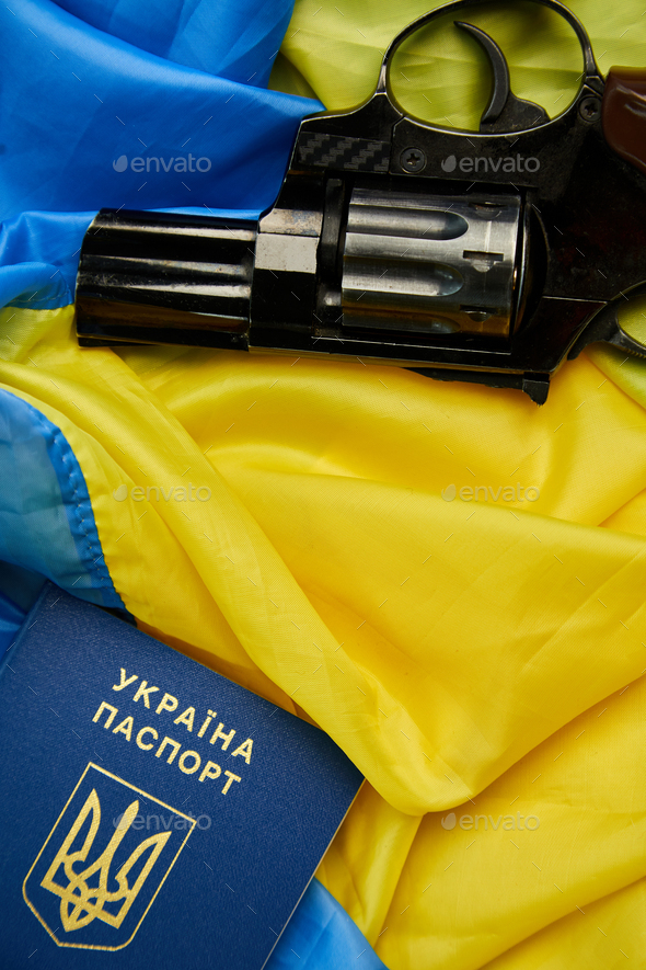 Flag of Ukraine, handgun, passport copy space, russia Ukraine war Stock ...