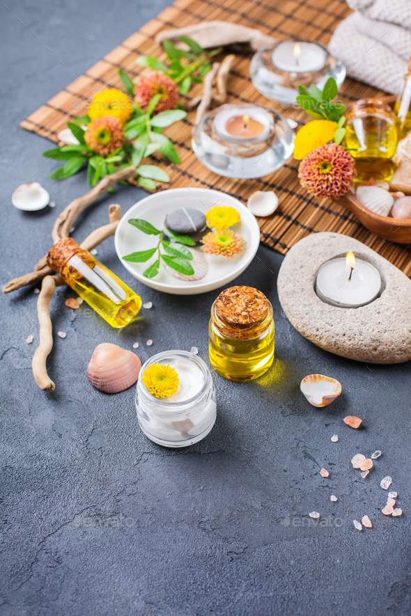 Autumn fall spa wellness setting concept, black background Stock Photo ...