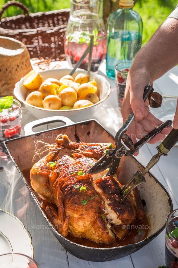 Tasty dinner with chicken and potatoes served in the countryside Stock ...
