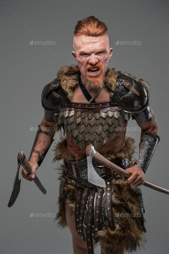 Furious viking with red hairs in combat stance Stock Photo by fxquadro