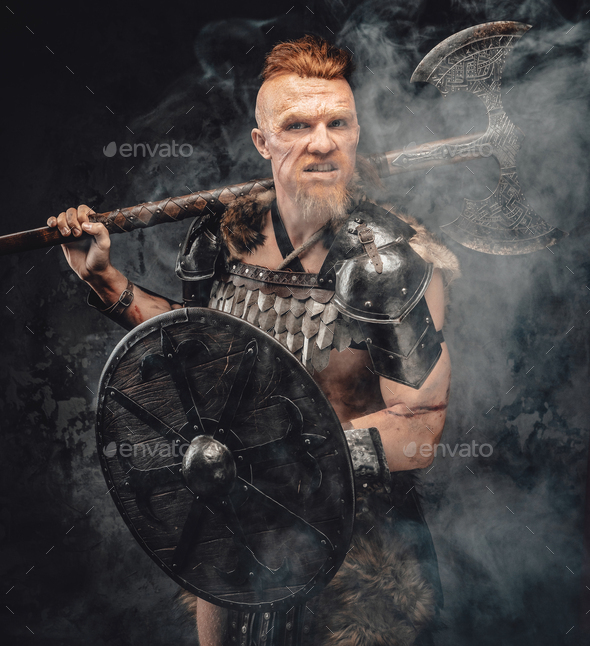 Violent viking with shield and axe posing in smoke Stock Photo by fxquadro