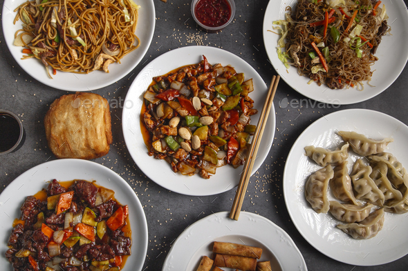 Variety of traditional Chinese dishes. Asian food. Top view, flat lay ...
