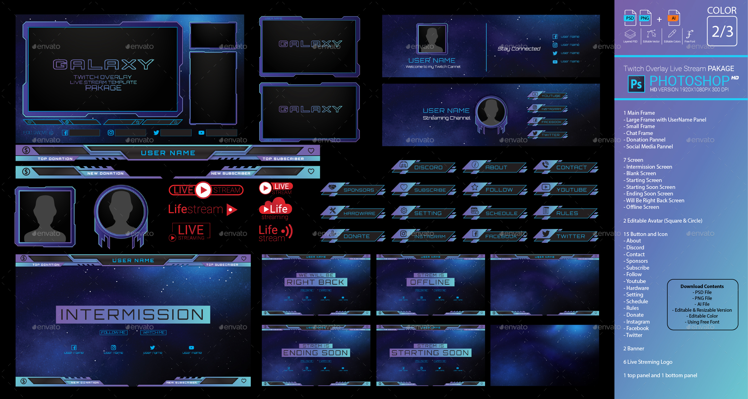 Galaxy Twitch Overlay Live Stream Photoshop Template Pack, Web Elements