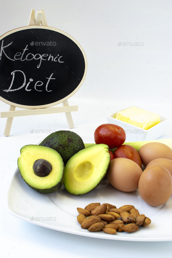 Concept of ketogenic diet. Poster on top of a food service. Stock Photo ...