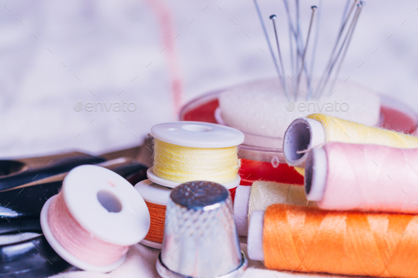 Tools for tailor, instruments for practicing sewing on a white ...