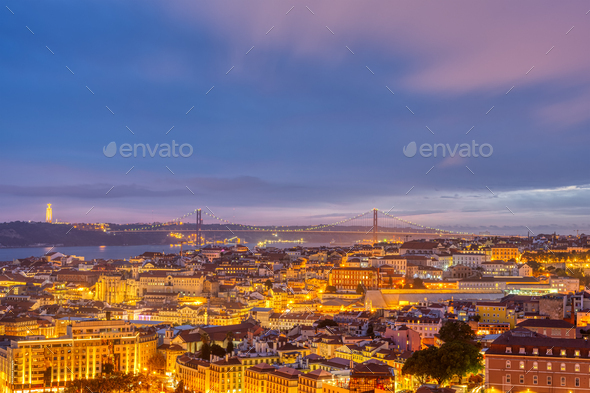 View over downtown Lisbon at night Stock Photo by elxeneize | PhotoDune