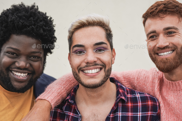 Happy multiracial men smiling on camera - Young people and diversity ...