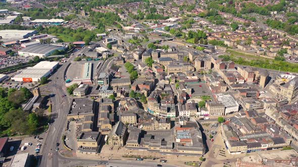 Aerial footage of the town centre of Dewsbury in West Yorkshire in the ...