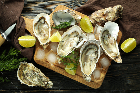 Concept of delicious seafood, oysters, top view Stock Photo by ...