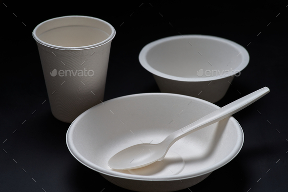Paper dish and bowl with the disposable spoons Stock Photo by Studio_OMG