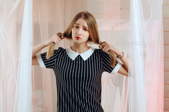 Pretty girl in puppet look body paint. Young lady acts and posing as a ...