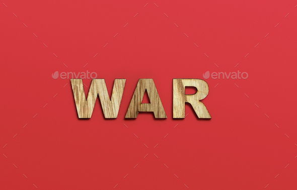 WAR, word written in wooden alphabet letters on red background. The ...