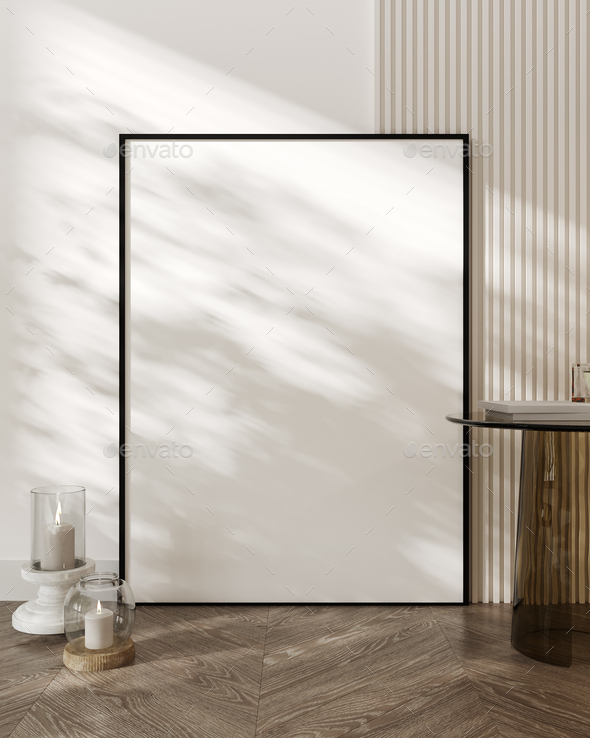 blank black frame with mat mock up, poster frame on wooden floor with ...