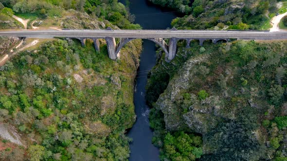 Aerial Birds Eye View Over Gundian Bridge Spanning Ulla River. Dolly ...