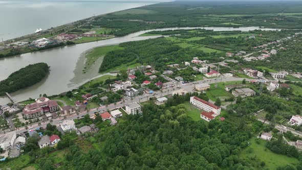 Anaklia, Georgia - July 16 2022: Flying over Anaklia city at sunset ...