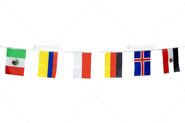 Triangle flags of various countries hanging on the rope Stock Photo by ...