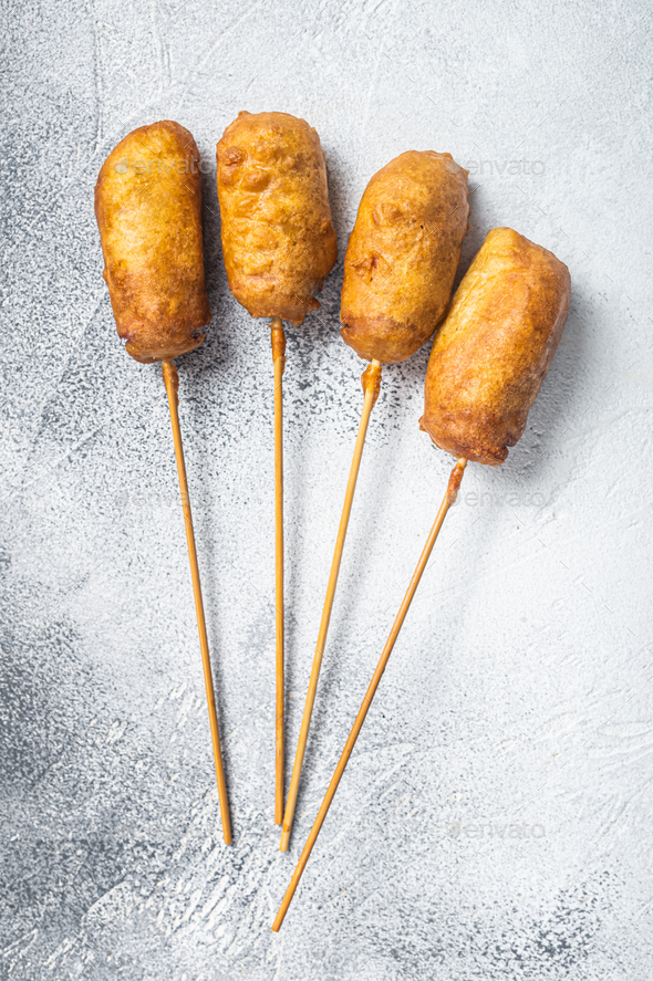 Homemade deep fried corn dogs. White background. Top view Stock Photo ...