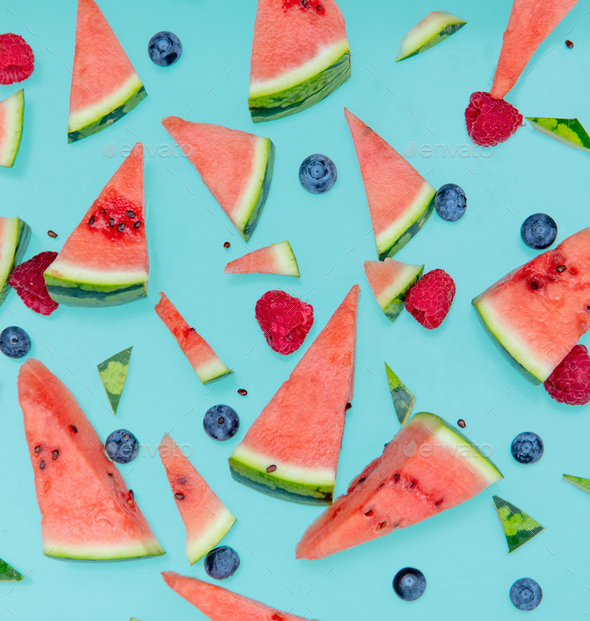 Watermelon and blueberries with Raspberry on blue background Stock ...