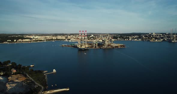 Aerial view of Pula harbour and a shipyard, Pula, Istria, Croatia ...