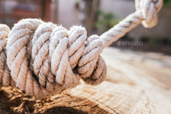 Detail of a complicated rope knot securely tied to a log. Stock Photo ...