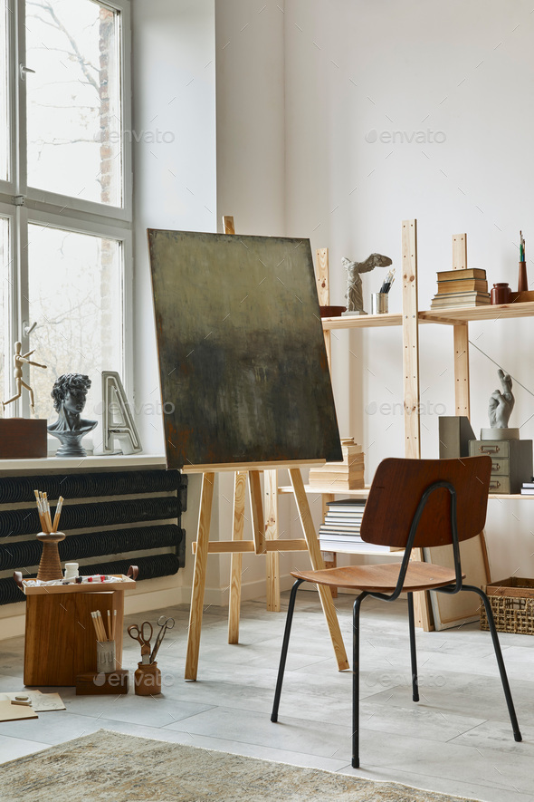 Unique artist workspace interior Stock Photo by FollowTheFlowStudio