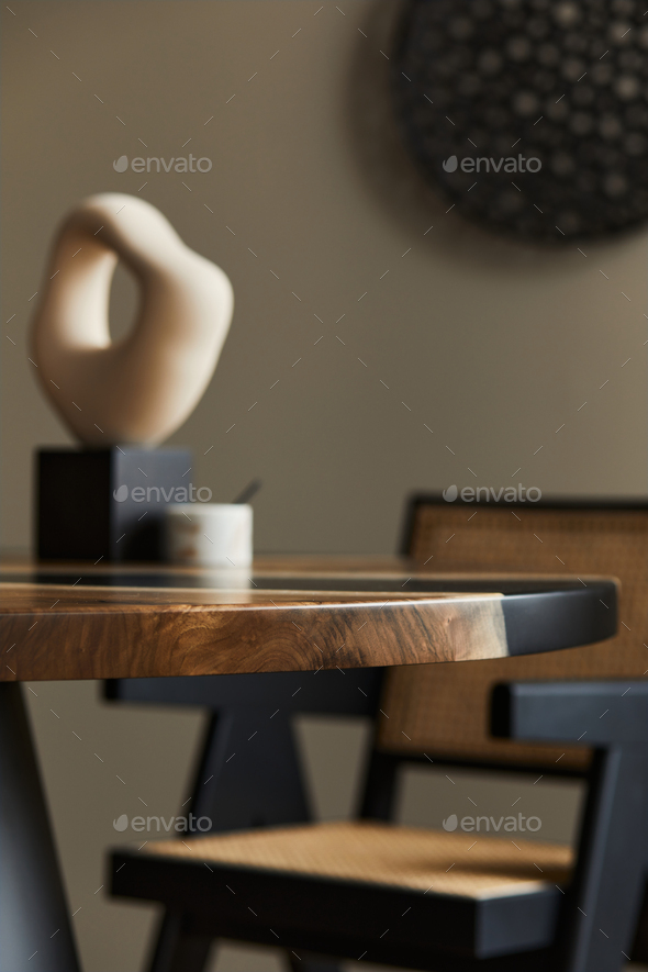 Fancy interior of dining room with design table. Close up. Details ...