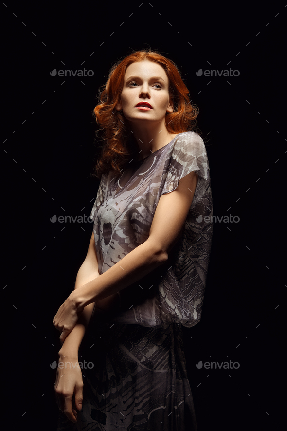 red hair model posing in fashion dress Stock Photo by boomeart | PhotoDune