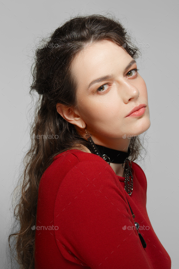 Languid fashion model in red dress and chocker. Clean fresh face of ...