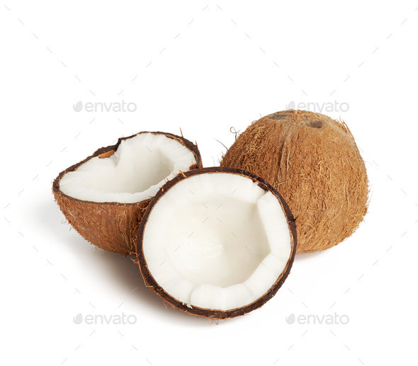 Whole round and split in half ripe coconut isolated on white background ...